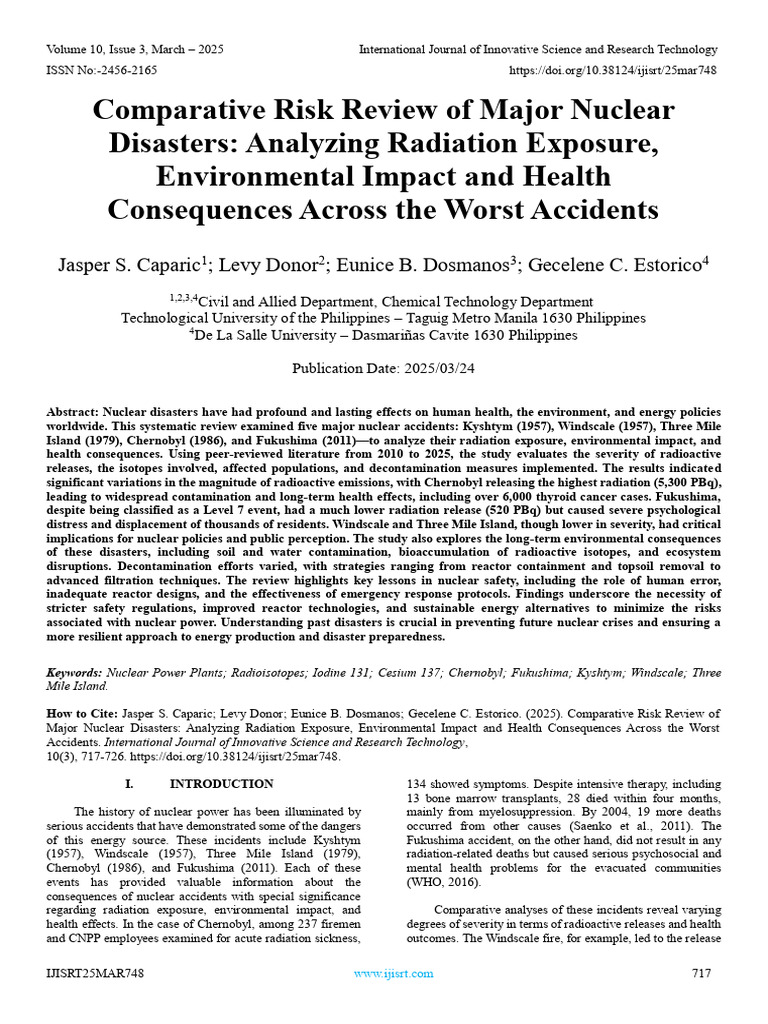 Comparative Risk Review of Major Nuclear Disasters: Analyzing Radiation ...
