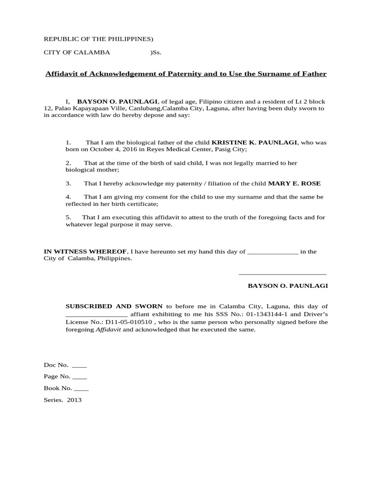 Affidavit of Paternity Acknowledgment | PDF