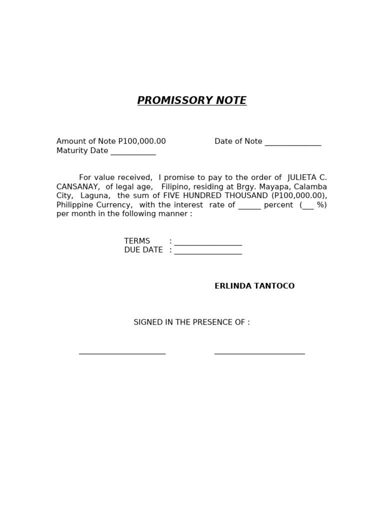 Promissory Note Template Philippines | PDF
