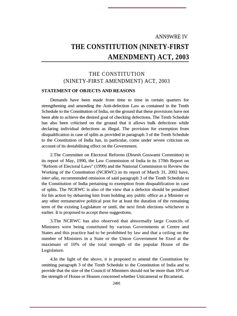 91st Amendment Act: Anti-Defection Reforms | PDF | Justice | Crime ...