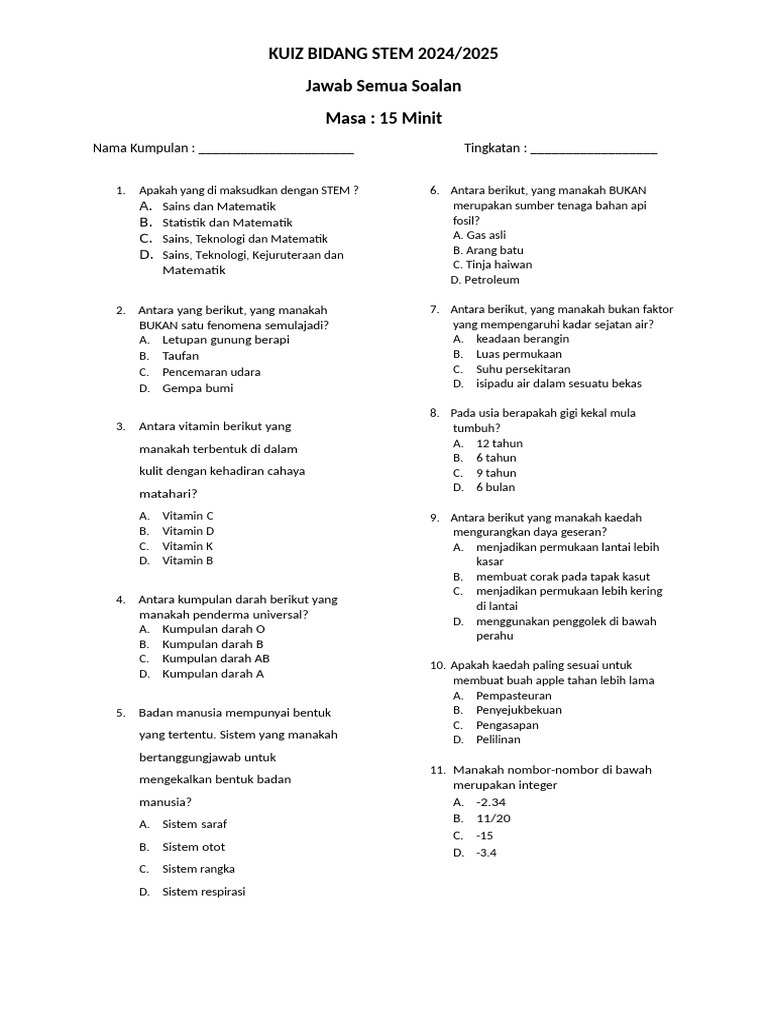 Kuiz Stem 2024 Soalan | PDF