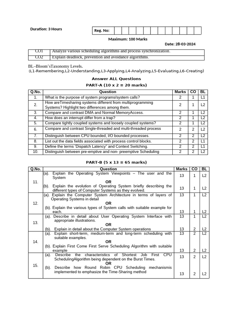 AL3452 - OPERATING SYSTEMS_IAT 1 QP - Format (2) | PDF | Scheduling (Computing) | Operating System