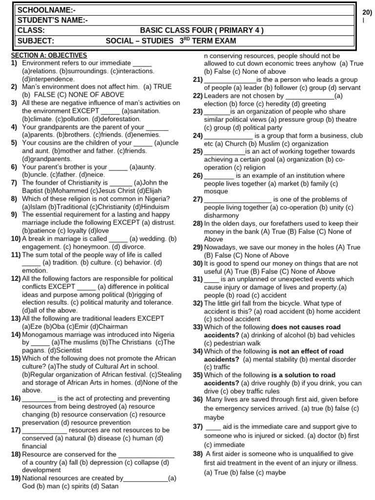 Primary 4 Social Studies Exam Questions | PDF | First Aid | Natural ...