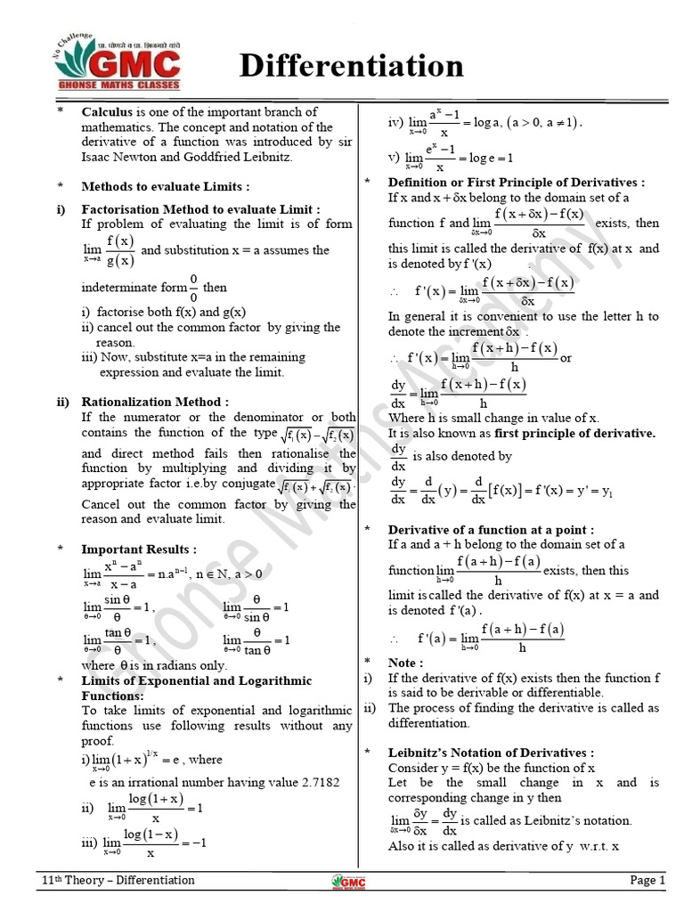 11th Theory - Differentiation | PDF | Derivative | Function (Mathematics)