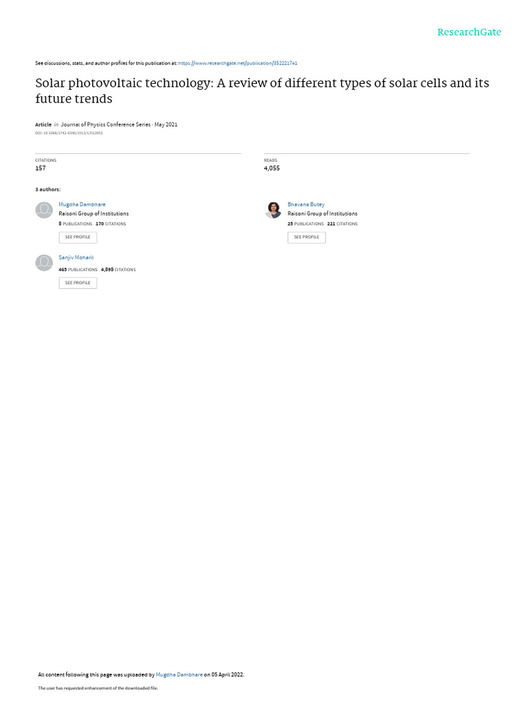 Dambhare 2021 J. Phys. Conf. Ser. 1913 012053 | PDF | Solar Cell | Thin Film Solar Cell