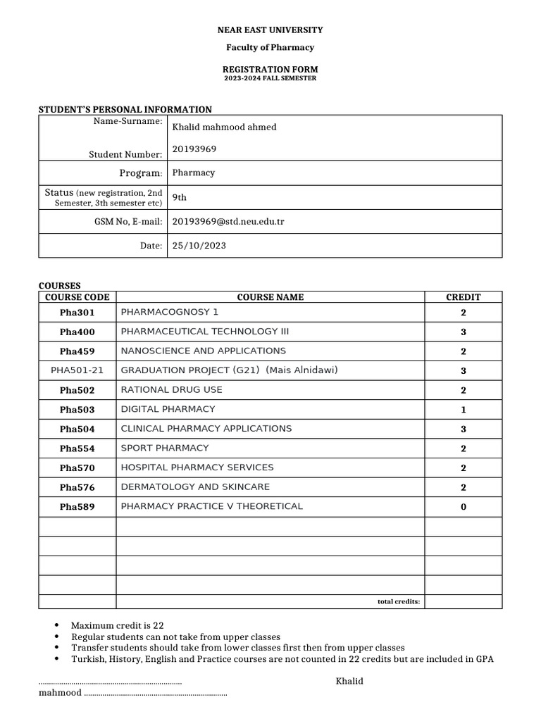 Pharmacy Course Registration Form 5 (1) Copy | PDF | Pharmacy | Social Programs