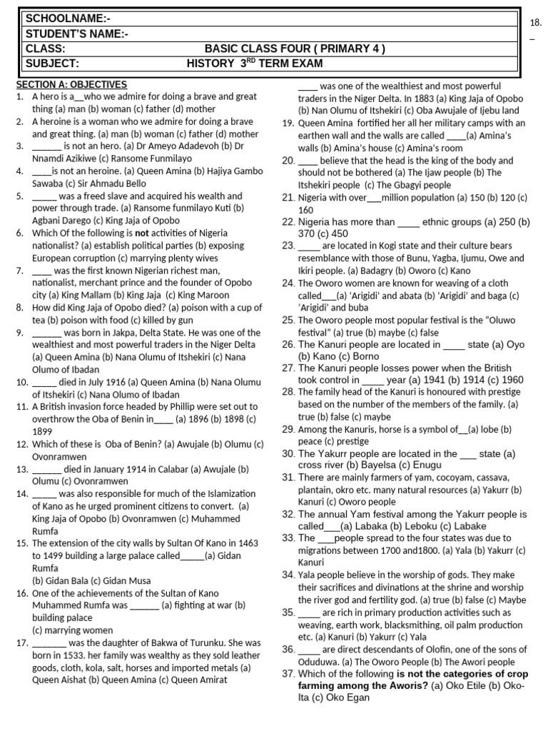 Primary 4 History Exam Questions | PDF | Nigeria