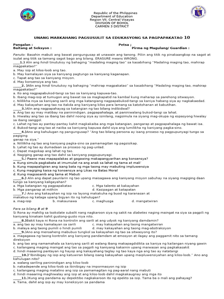 1st Quarter Exam EsP 10 | PDF