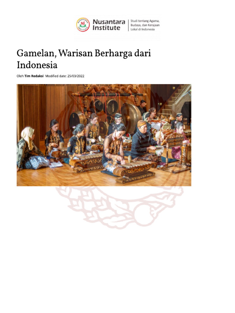Gamelan, Warisan Berharga Dari Indonesia - Nusantara Institute | PDF