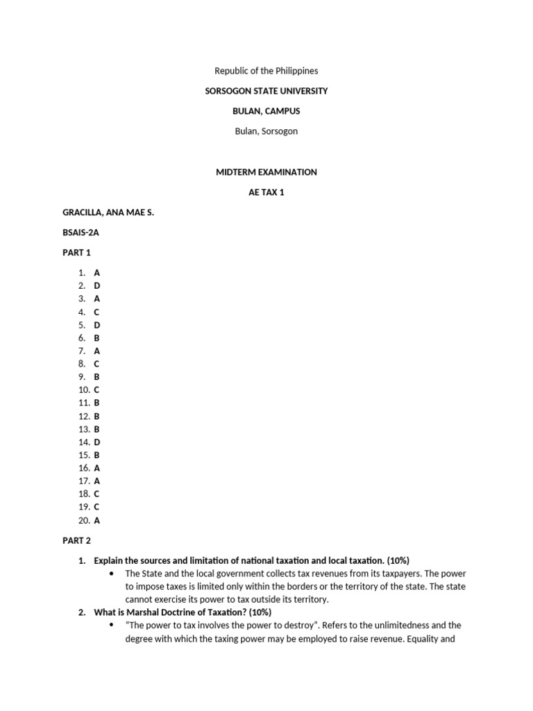 Gracilla, A Bsais2a Midterm Examination Tax1 | PDF | Taxes | Direct Tax