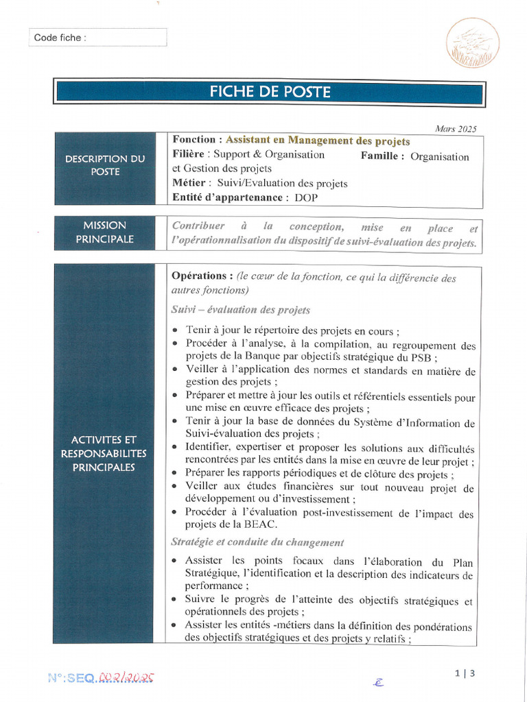 12- Fiche de poste Assistant en management des projets | PDF