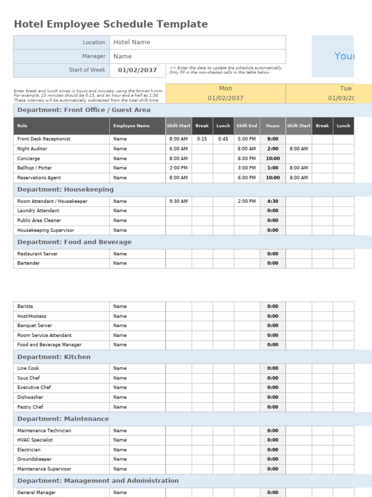Hotel Employee Schedule Template | PDF