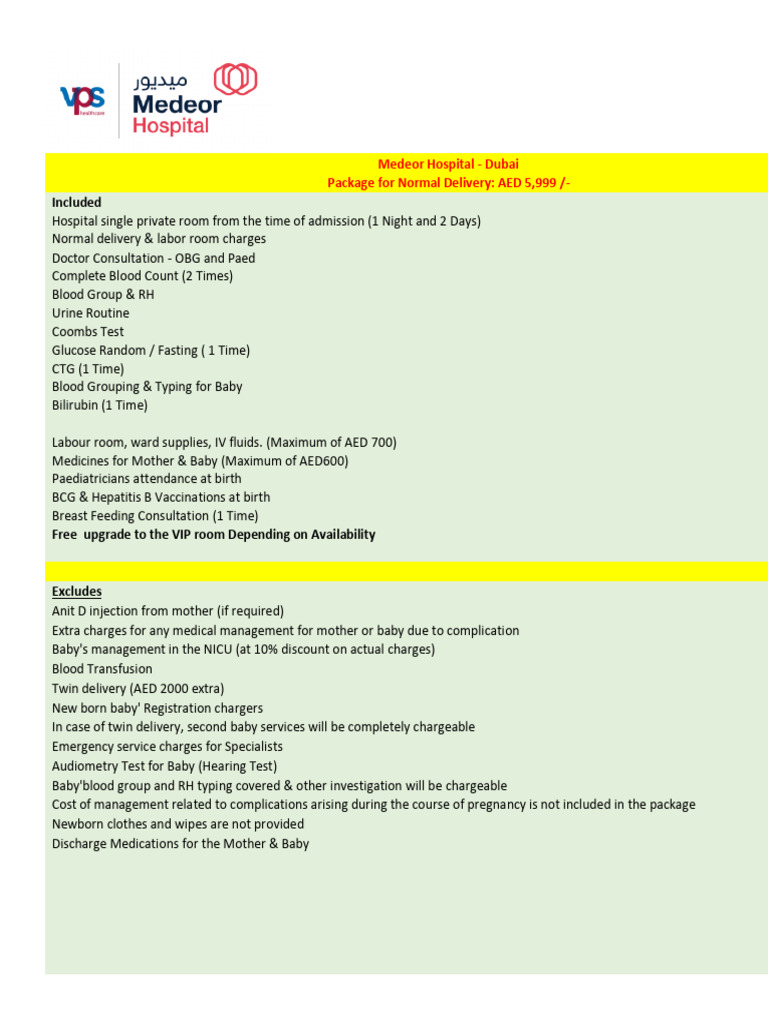 Medeor Hospital Normal Delivery Package | PDF