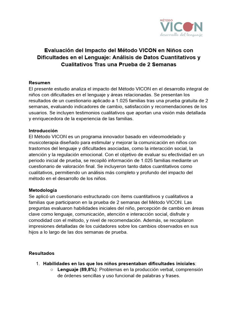 Evaluación del Impacto del Método VICON en Niños con Dificultades en el ...