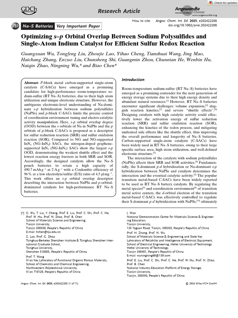 Angew Chem Int Ed - 2024 - Wu - Optimizing s p Orbital Overlap Between Sodium Polysulfides and ...