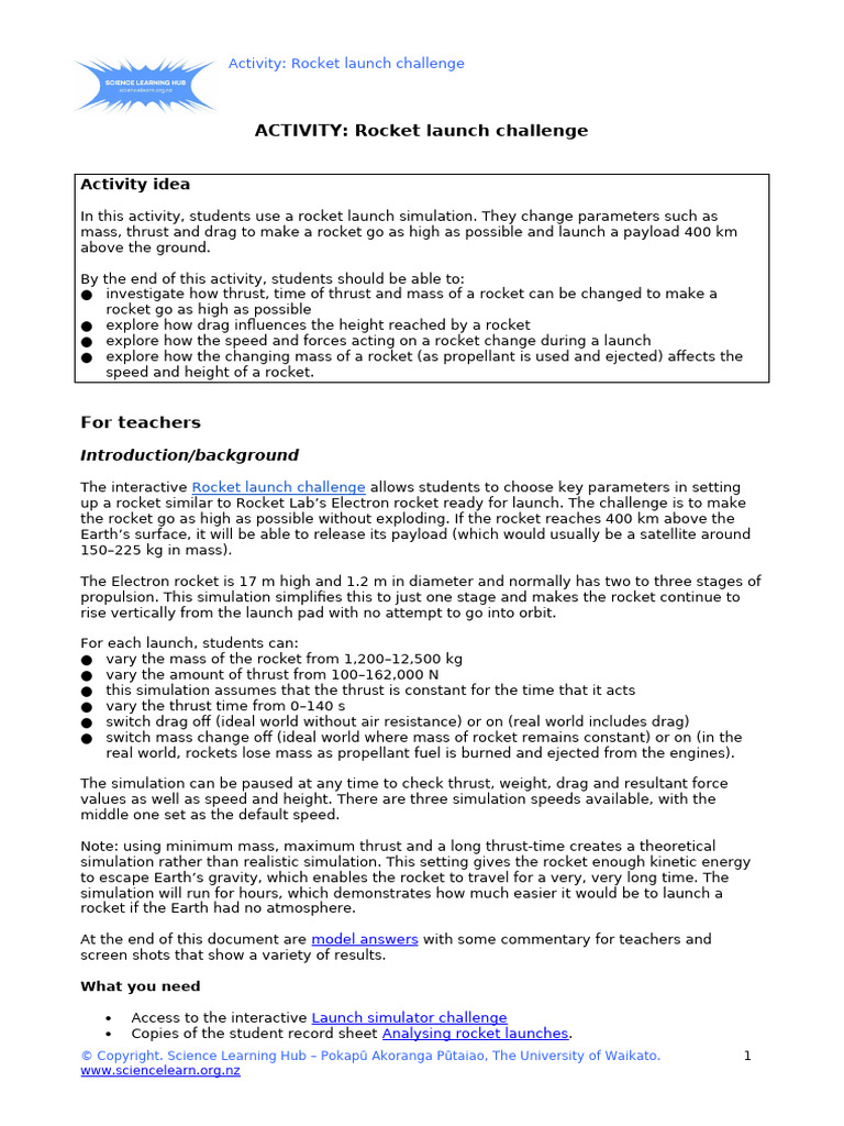 Rocket Launch Challenge Activity v5 | PDF | Rocket | Thrust