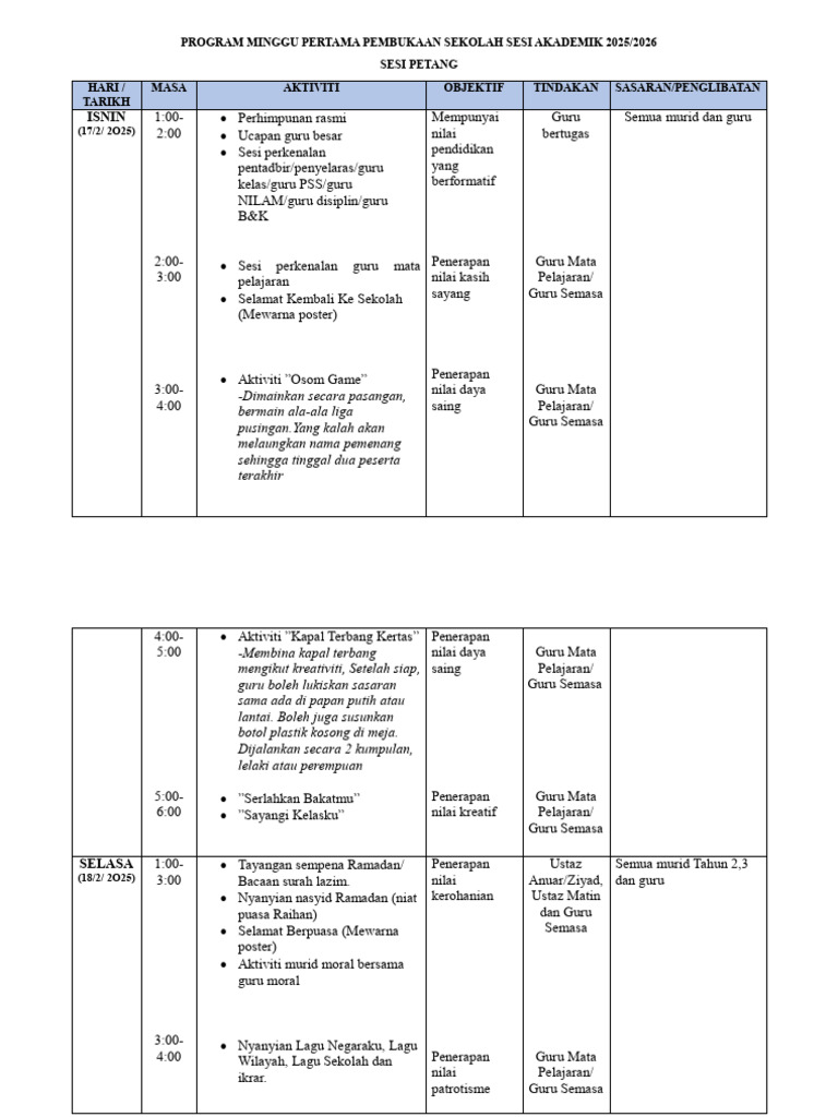 PROGRAM MINGGU PERTAMA PEMBUKAAN SEKOLAH SESI AKADEMIK 2025 (Autosaved) - Organized | PDF