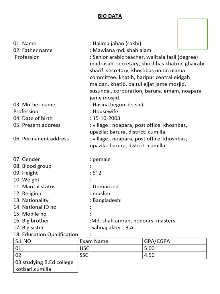 BIO DATA Sahalom Hujur | PDF