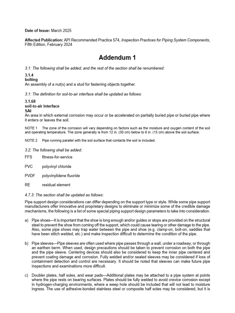 API RP 574 Addendum - 1 - 2025 | PDF | Pipe (Fluid Conveyance) | Corrosion