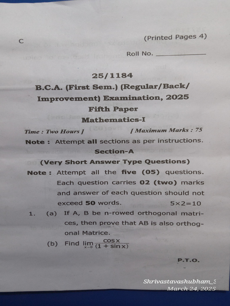 BCA Mathematics 1st Sem SQP 2020 to 2025 | PDF