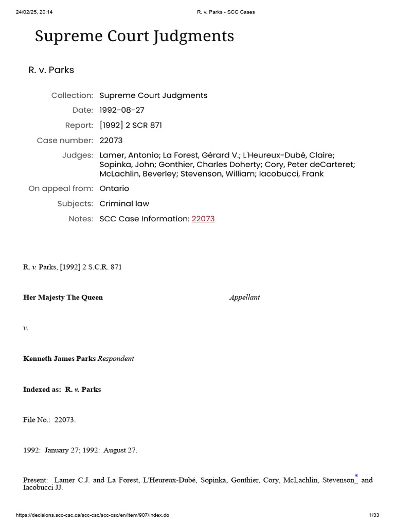 R. v. Parks - SCC Cases | PDF | Insanity Defense | Acquittal