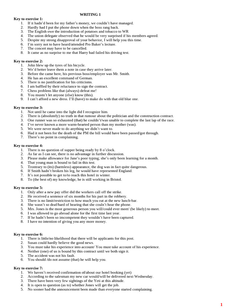 Answer Key Writing 1 | PDF