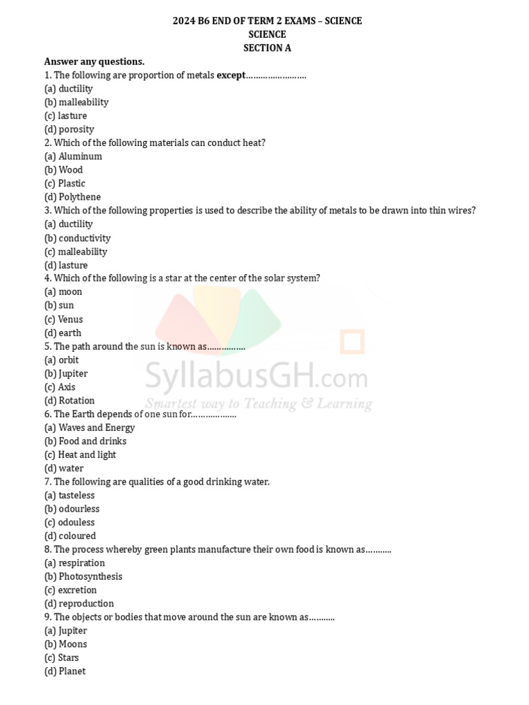 2024 B6 End of Term 2 Exams - Science | PDF | Jupiter | Sun
