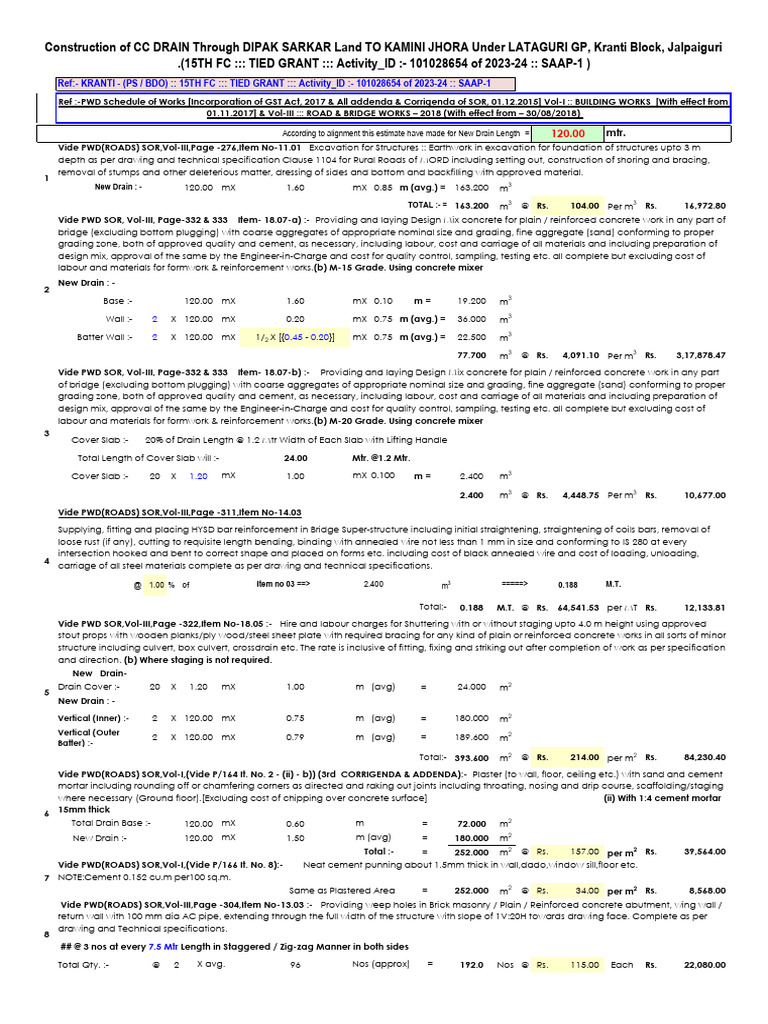 1-LATAGURI-GP-PCC-COVER-DRAIN--ESTIMATE-2023-24 | PDF | Concrete ...