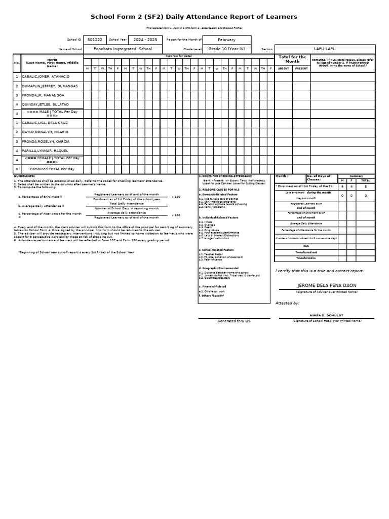 SF2_2024_Grade 10 (Year IV) - LAPU-LAPU (1) | PDF | Human Life Stages ...