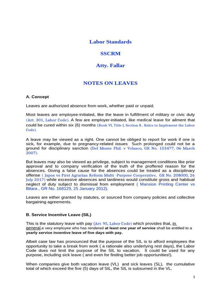 Lab Stan Notes on Leaves | PDF | Employment | Parental Leave