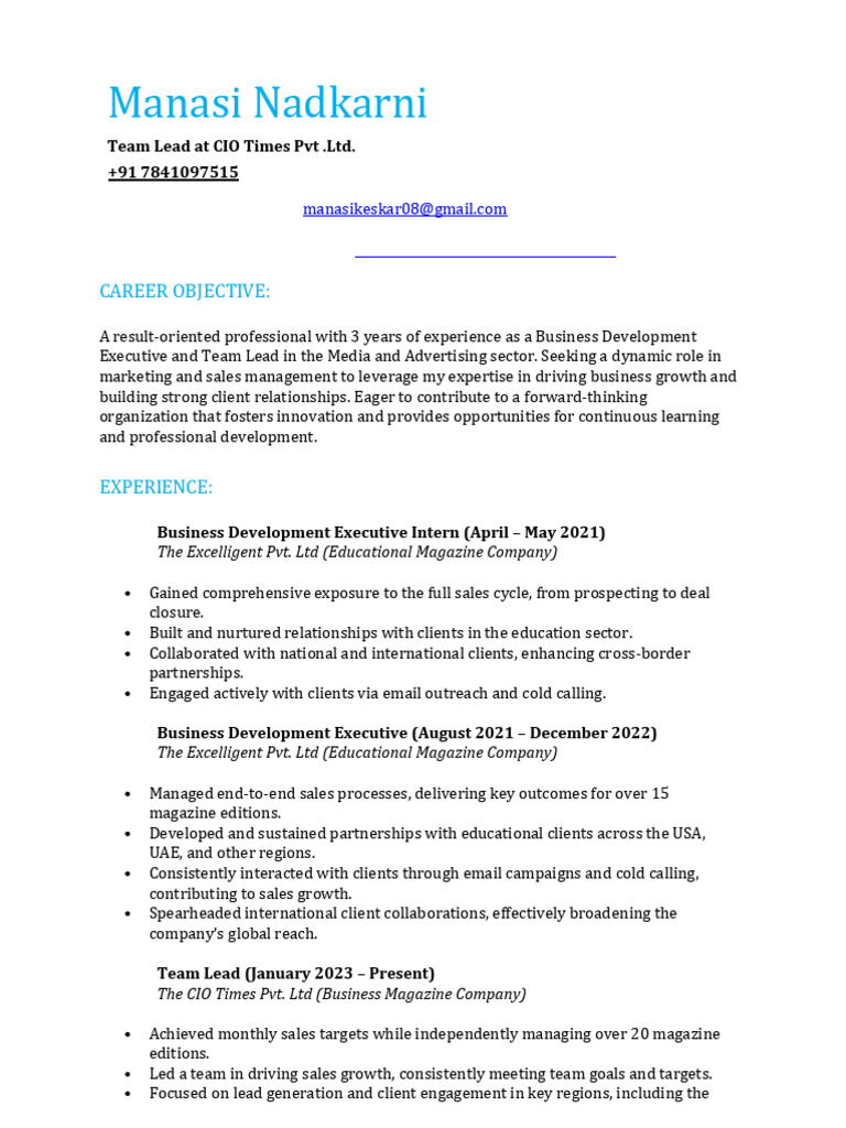 Manasi Nadkarni Resume-4 | PDF | Leadership | Cognition