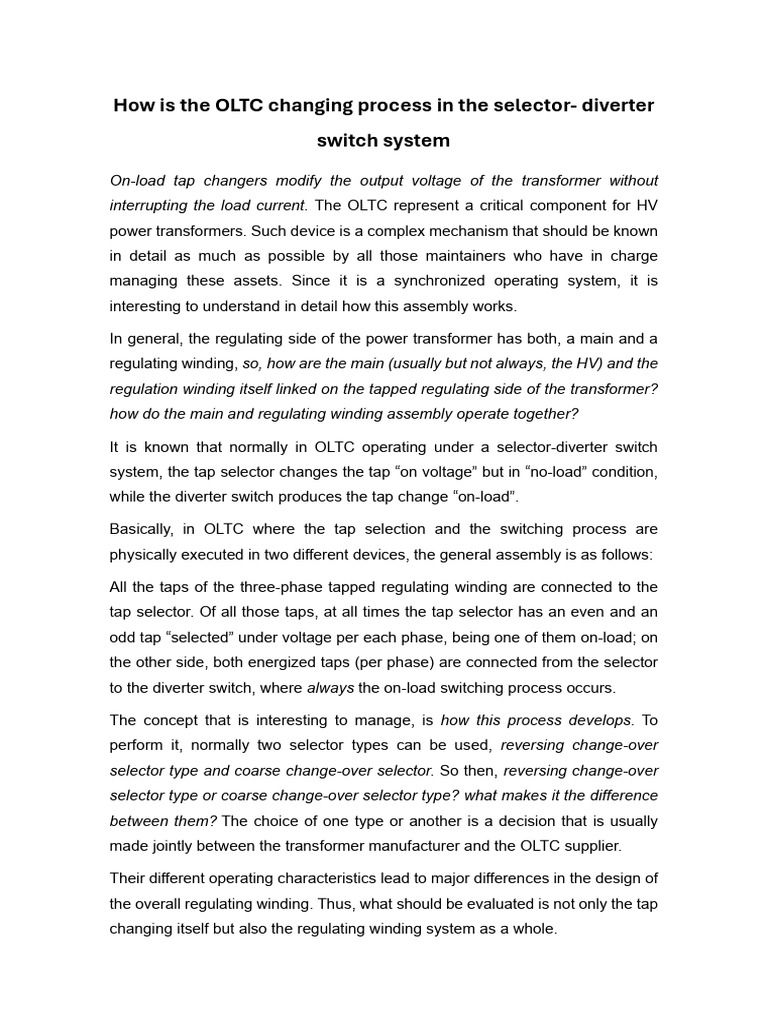 OLTC, Selector - Diverter Switch System & Changing Process | PDF ...