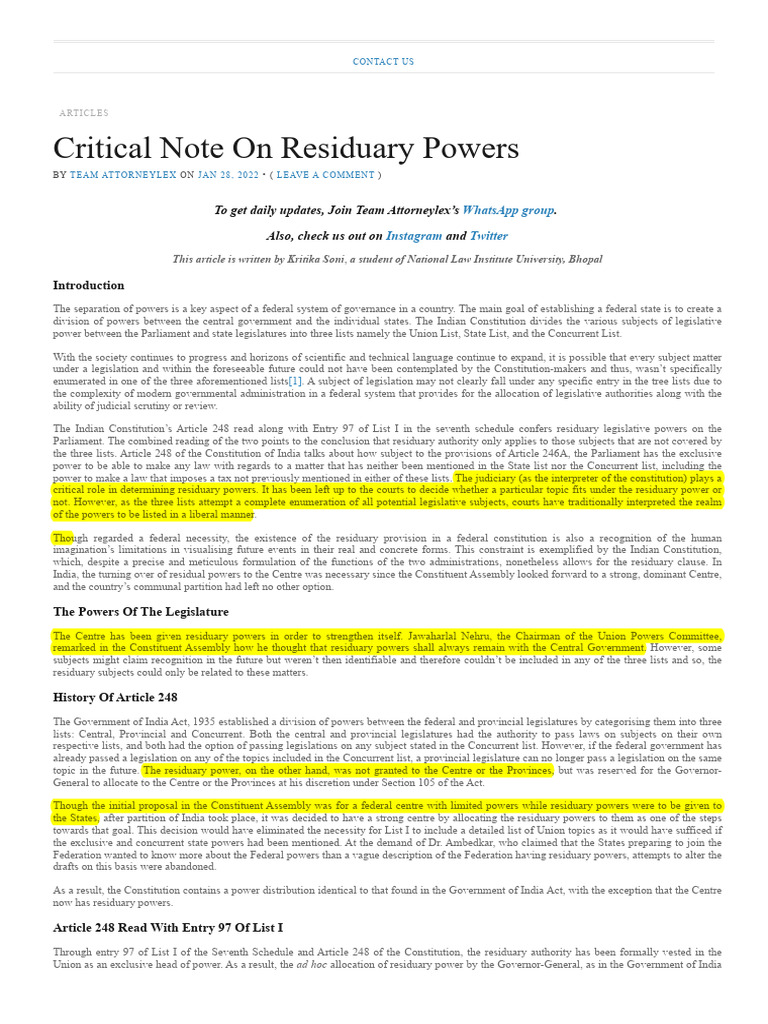 Critical-Note-On-Residuary-Powers | PDF | Government | Justice