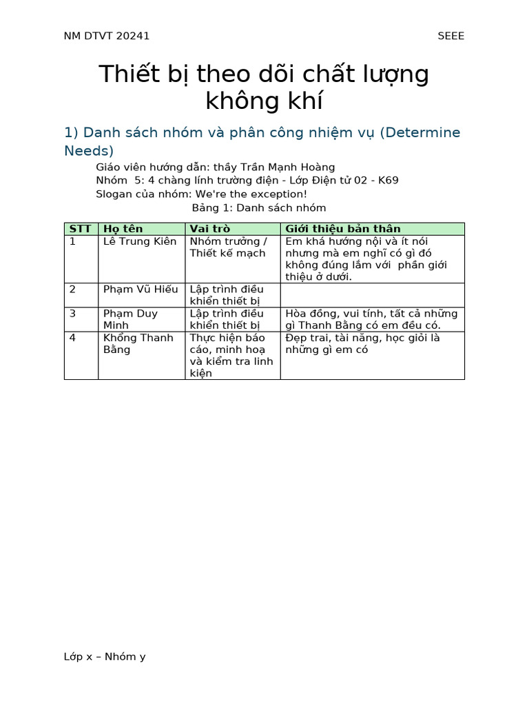 Lớp ET1 12Nhóm 5 Needs Specs Plan Blocks Thiết bị theo dõi chất lượng ...