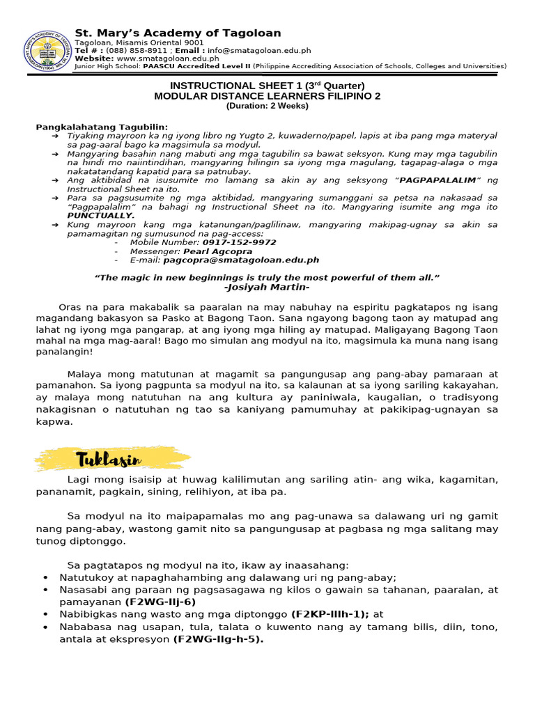 St. Mary's Academy of Tagoloan: Instructional Sheet 1 (3 Quarter ...