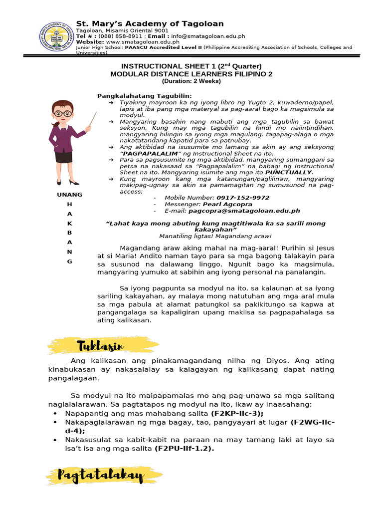 St. Mary's Academy of Tagoloan: Instructional Sheet 1 (2 Quarter ...
