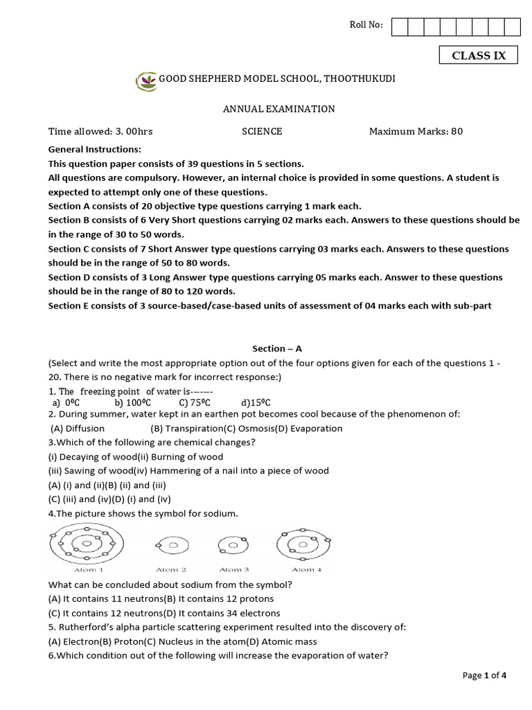 Class IX Science Exam Question Paper | PDF | Cell (Biology) | Cell Membrane