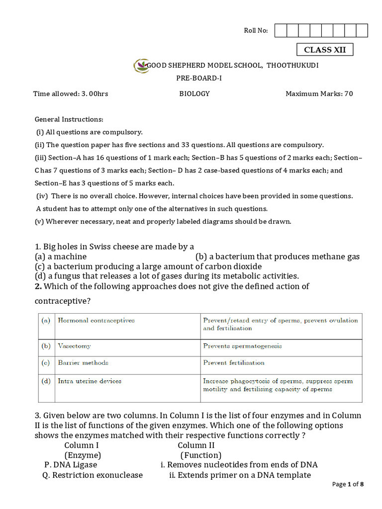 Class XII Biology Pre-Board Exam Paper | PDF | Gene | Operon