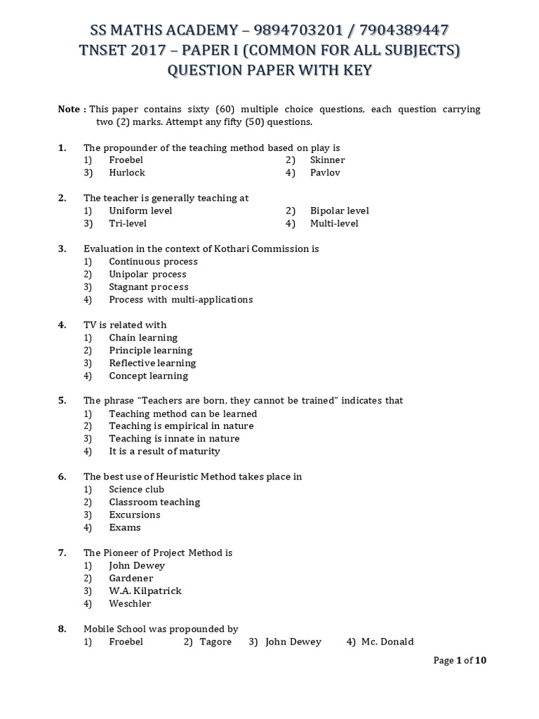 TNSET 2017 General Paper - 1 With Key | PDF | Argument | Atmosphere Of ...