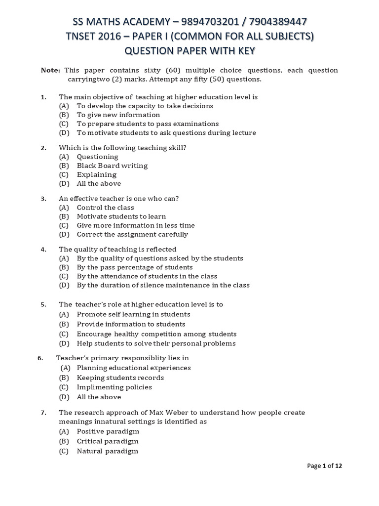 TNSET 2016 General Paper - 1 With Key | PDF | Child Labour | Communication