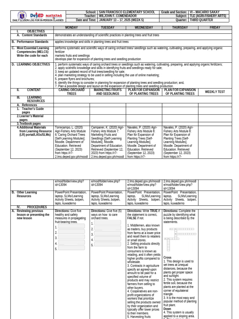 G6 Q1W5 DLL TLE - AGRI-FISHERY (MELCs) | PDF | Plants | Plant Nutrition