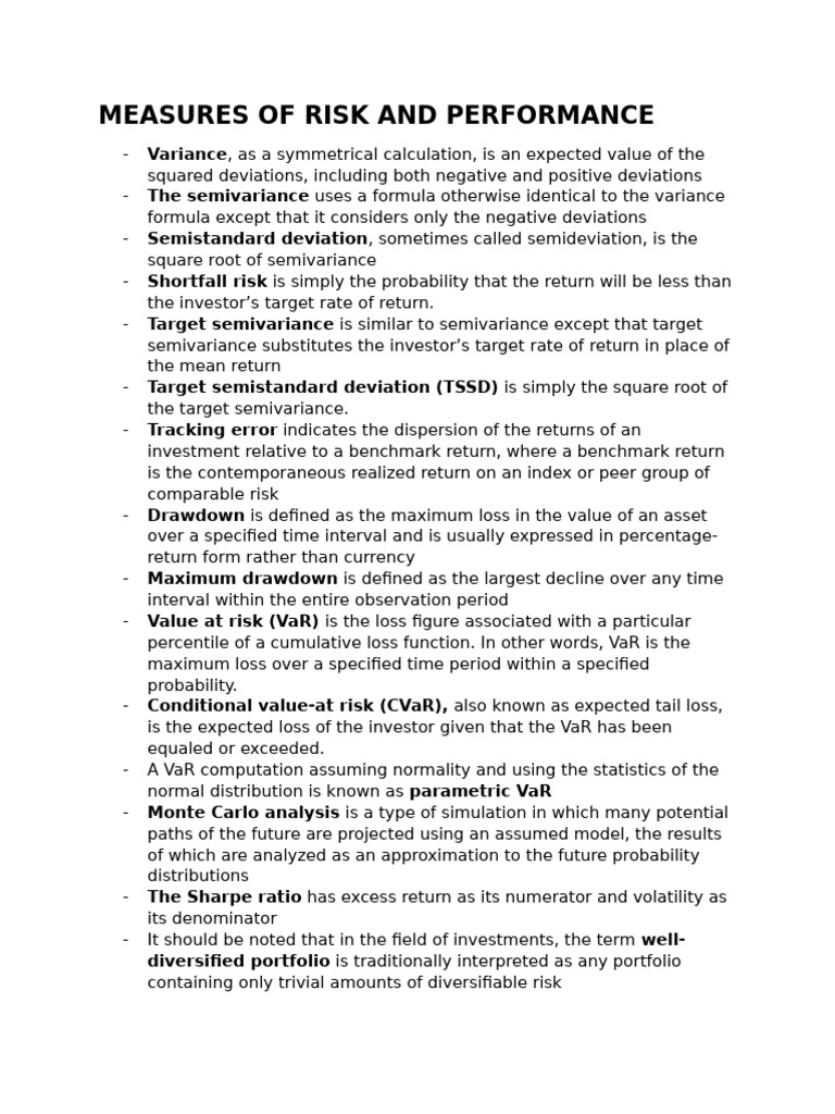 Measures of Risk and Performance | PDF | Variance | Value At Risk