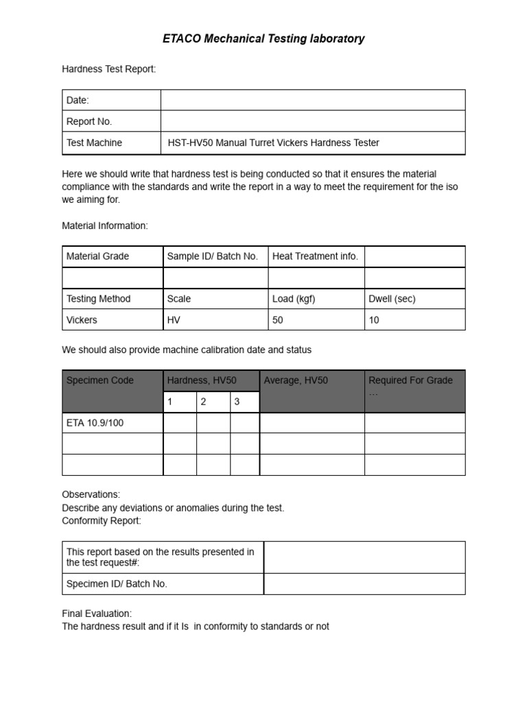 Hardness Test Report Format Guide | PDF