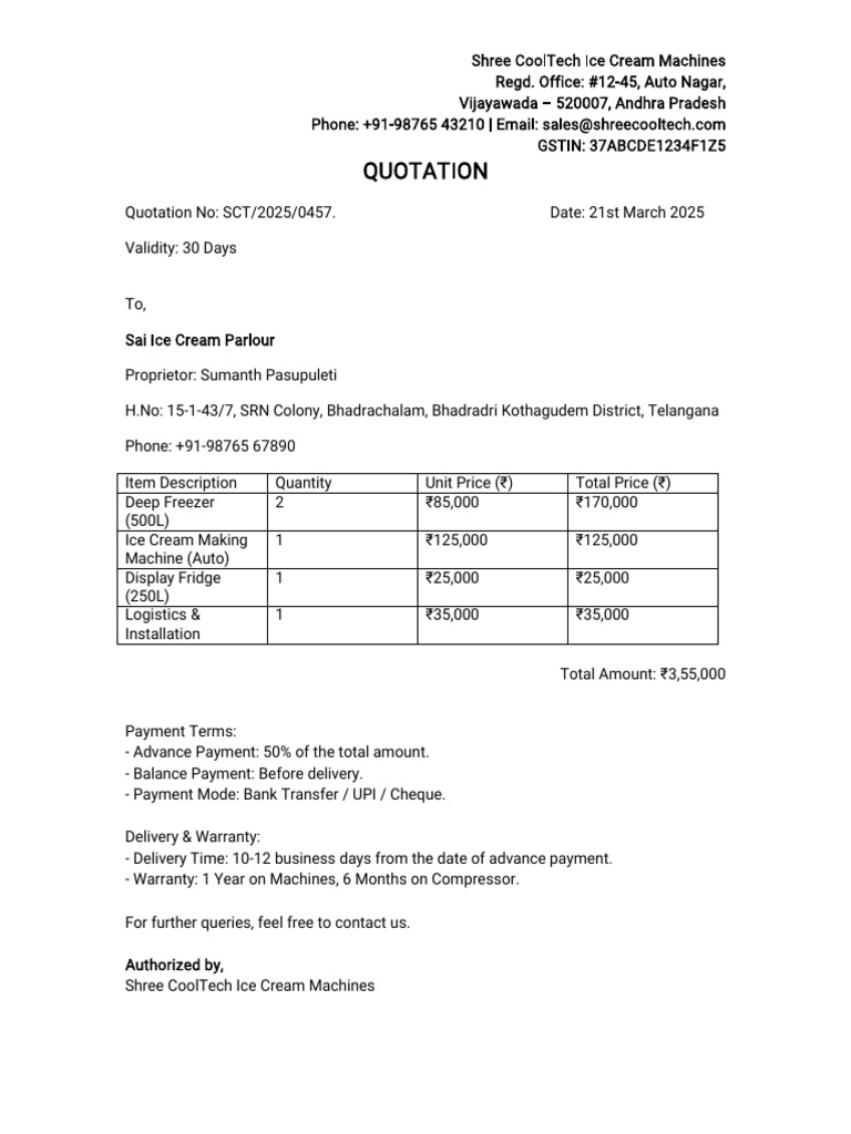 Quotation Sai Ice Cream Parlour | PDF