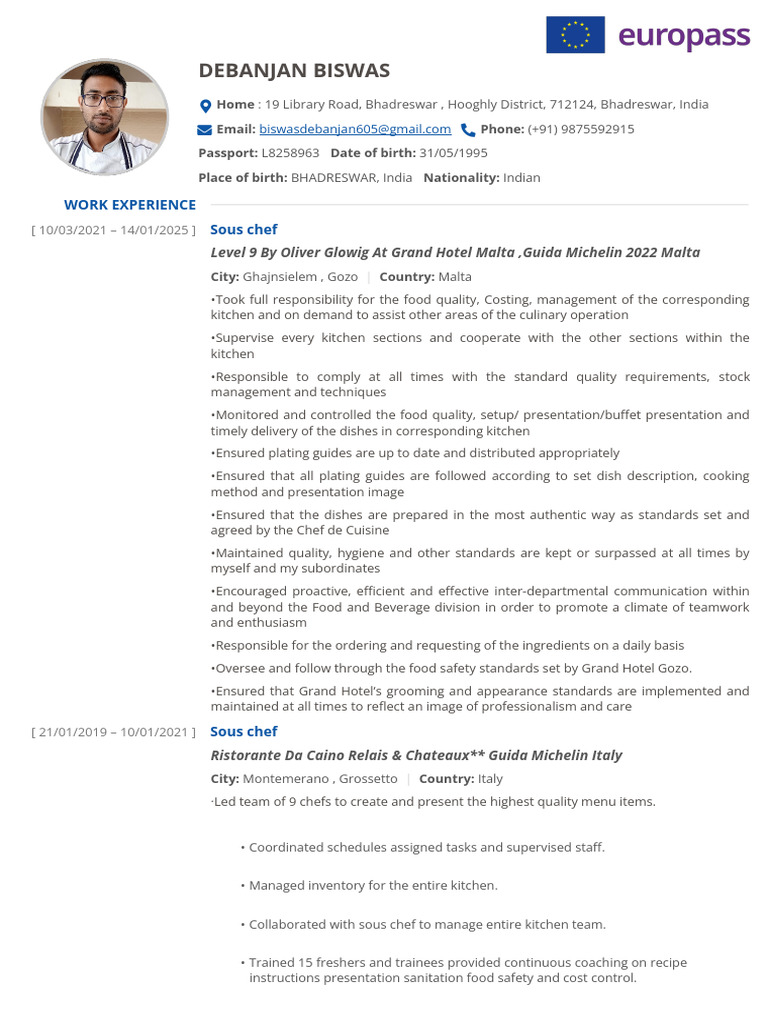 Sous Chef Debanjan Biswas CV | PDF | Chef | Kitchen