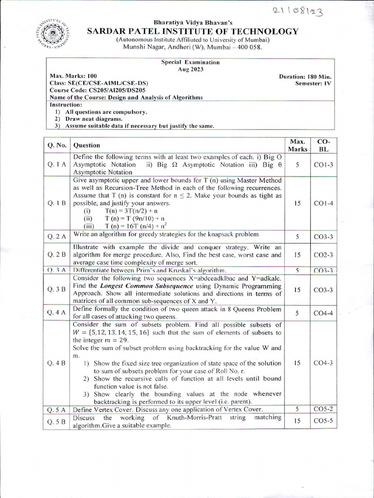 Se Sem 4 Com Ds Aiml Design And Analysis Of Algorithms 2 Pdf Computational Complexity