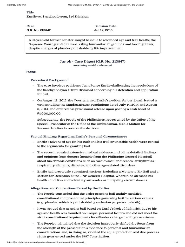 Case Digest_ G.R. No. 213847 - Enrile vs. Sandiganbayan, 3rd DivisionCD | PDF | Bail | Justice