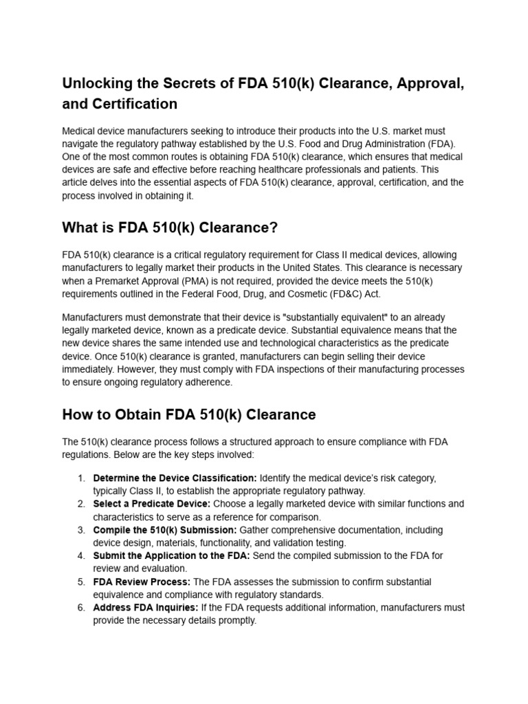 Unlocking The Secrets of FDA 510 (K) Clearance, Approval and Certification | PDF | Food And Drug ...