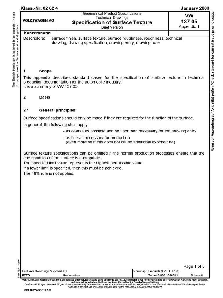 VW 137 05 Surface Texture Standards | PDF | Surface Roughness