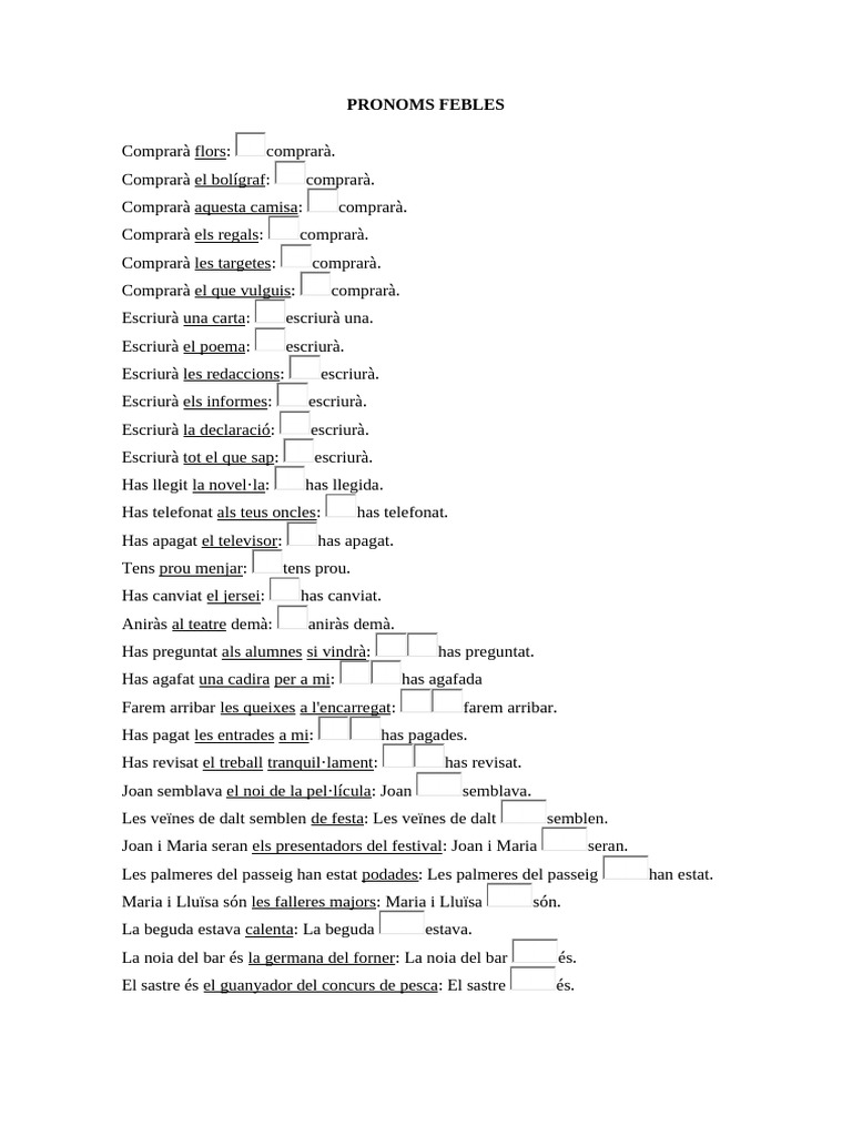 Exercicis PRONOMS FEBLES Diverses Funcions | PDF